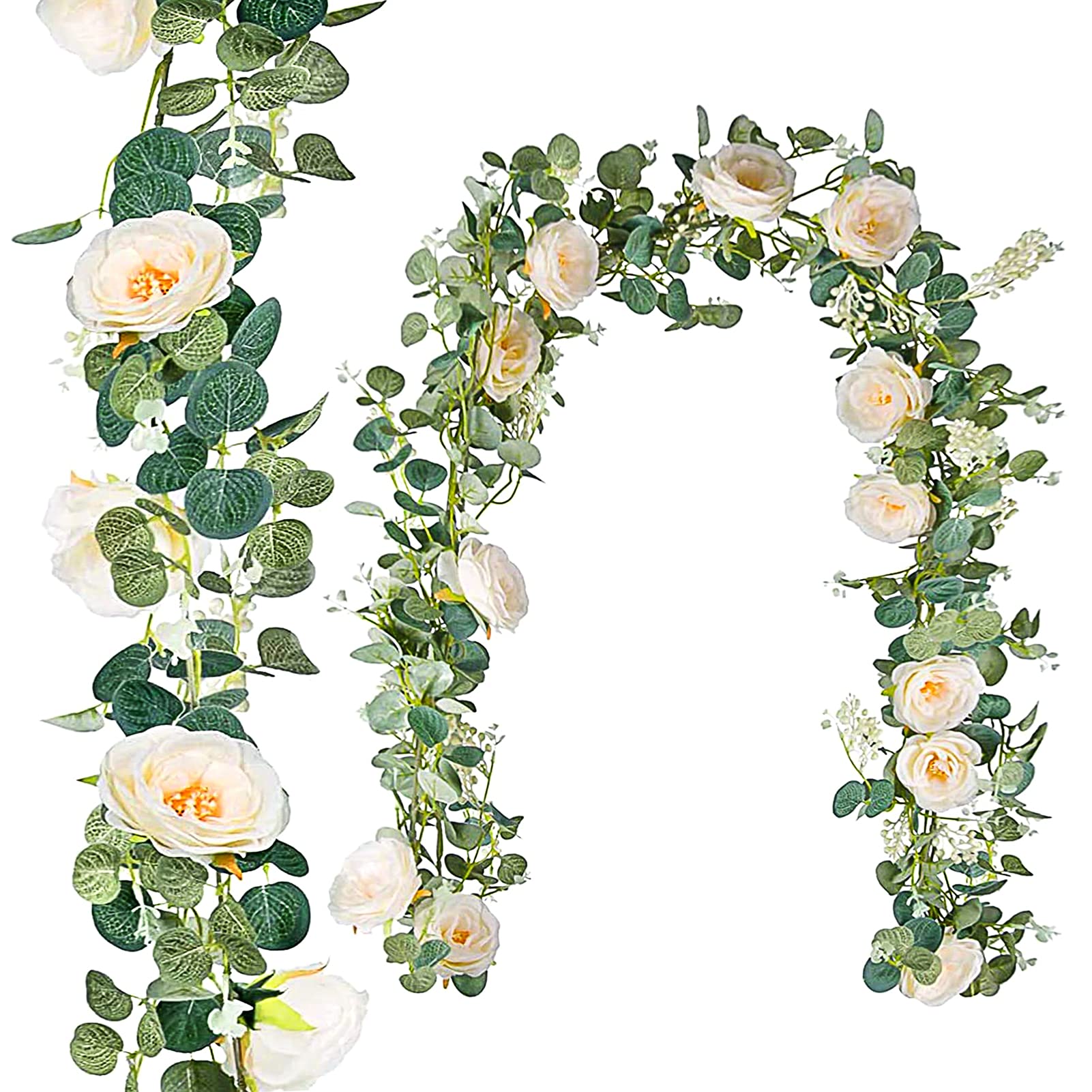 Miracliy 2 Pack 13FT Artificial Eucalyptus Garland with Champagne Roses Flower Vine Eucalyptus Greenery Garland for Weddings and Parties