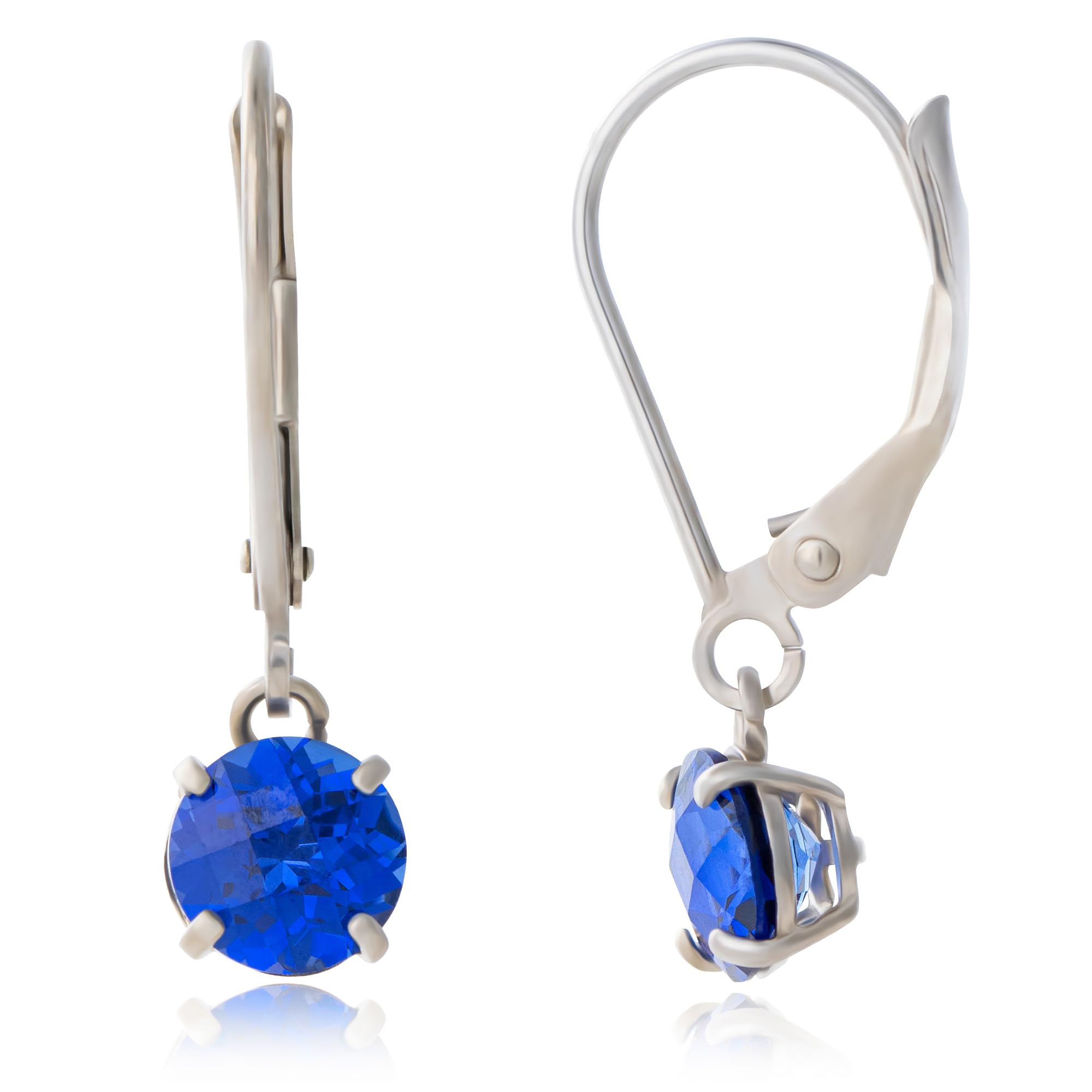 MAX + STONE 925 Sterling Silver 6mm Round September Birthstone Created Blue Sapphire Dangle Earrings for Women with Leverbacks