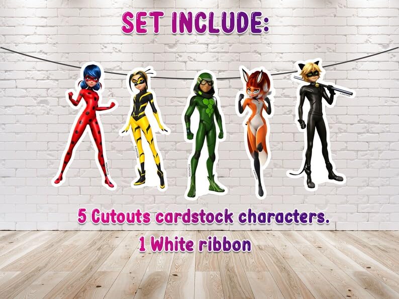Miraculous Ladybug Banner for Birthday Decorations. Cartoon Miraculous Ladybug Friends Wall Decor for Theme Party.