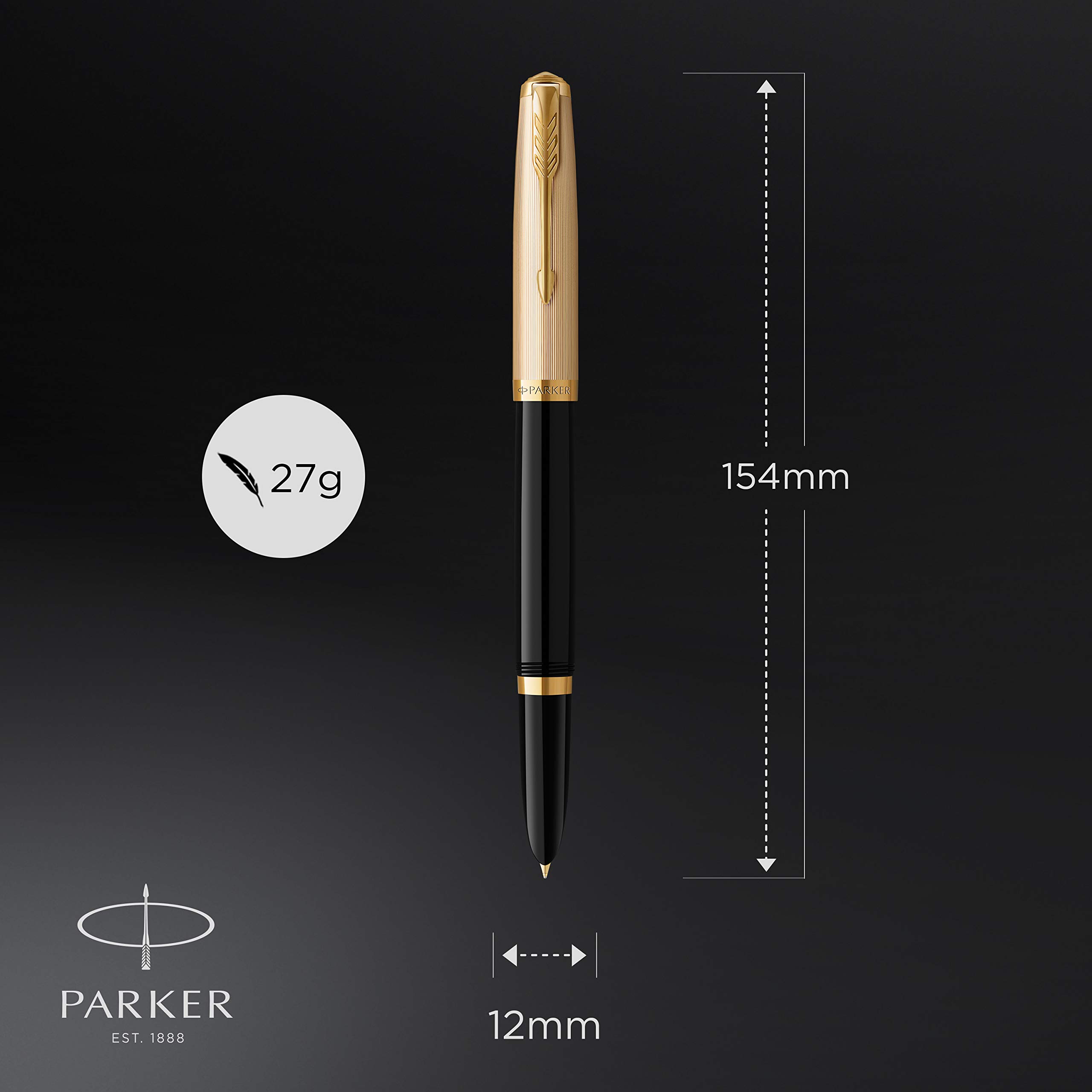 PARKER 51 Deluxe Fountain Pen | Black Barrel and Gold Attributes | Medium Nib in 18 Carat Gold | Black Ink Cartridge | Delivered in Gift Box