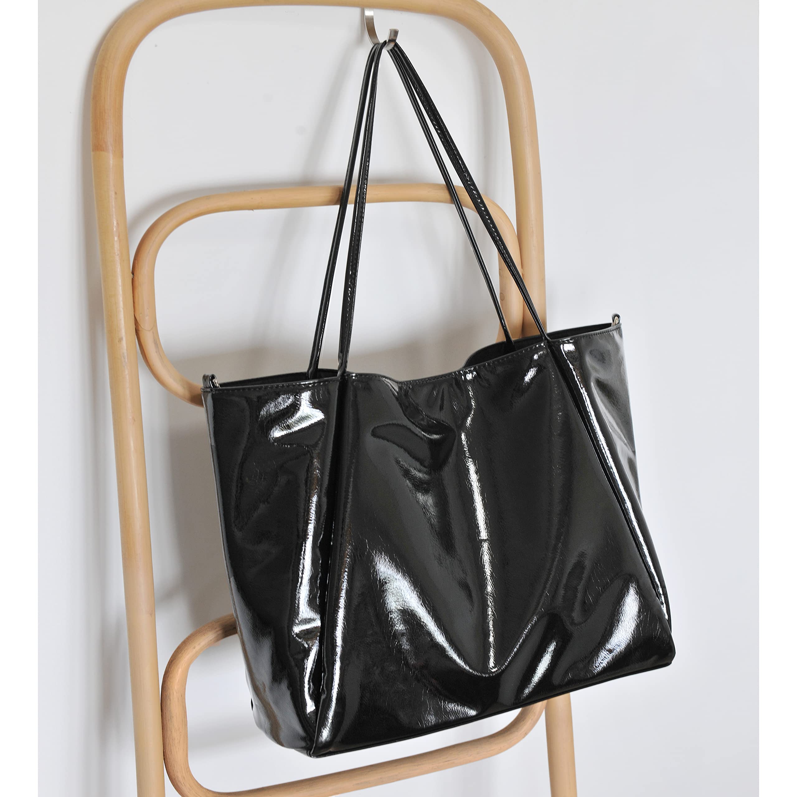 Shiny Patent Faux Leather Tote Glossy Shoulder Handbag for Women Convertible Purse (Nude)
