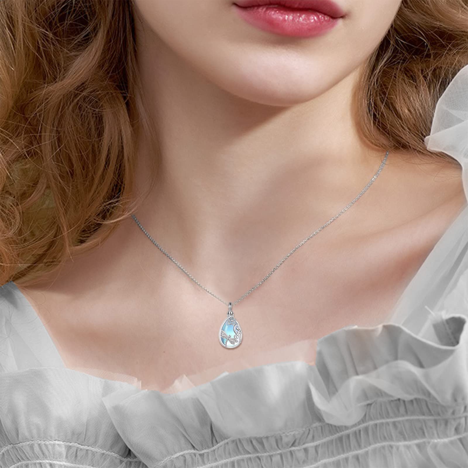 ONEFINITY Dragonfly Moonstone Urn Necklace for Ashes 925 Sterling Silver Teardrop Moonstone Dragonfly Pendant Cremation Keepsake Necklace for Women Jewelry