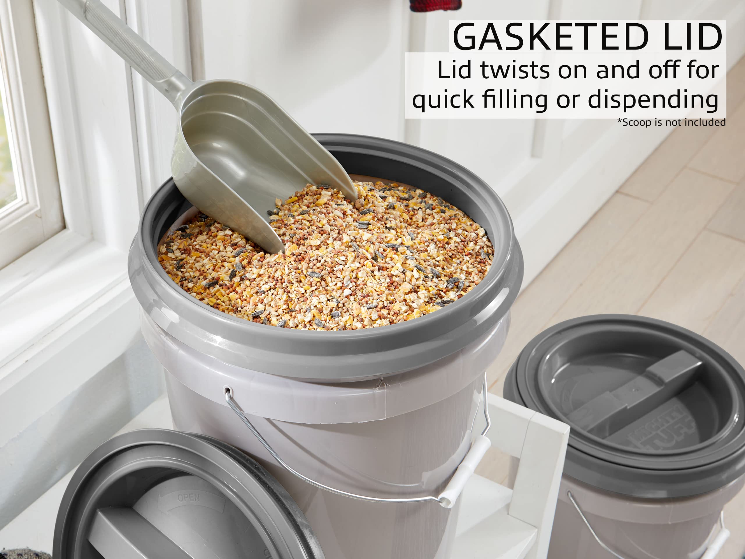 Mighty Tuff 5 Gallon / 21 Pound Pet Food Storage Container, Pack of 2 with Metal Handle and Airtight Lid to Lock in Freshness, Light Grey Base & Dark Grey Lid