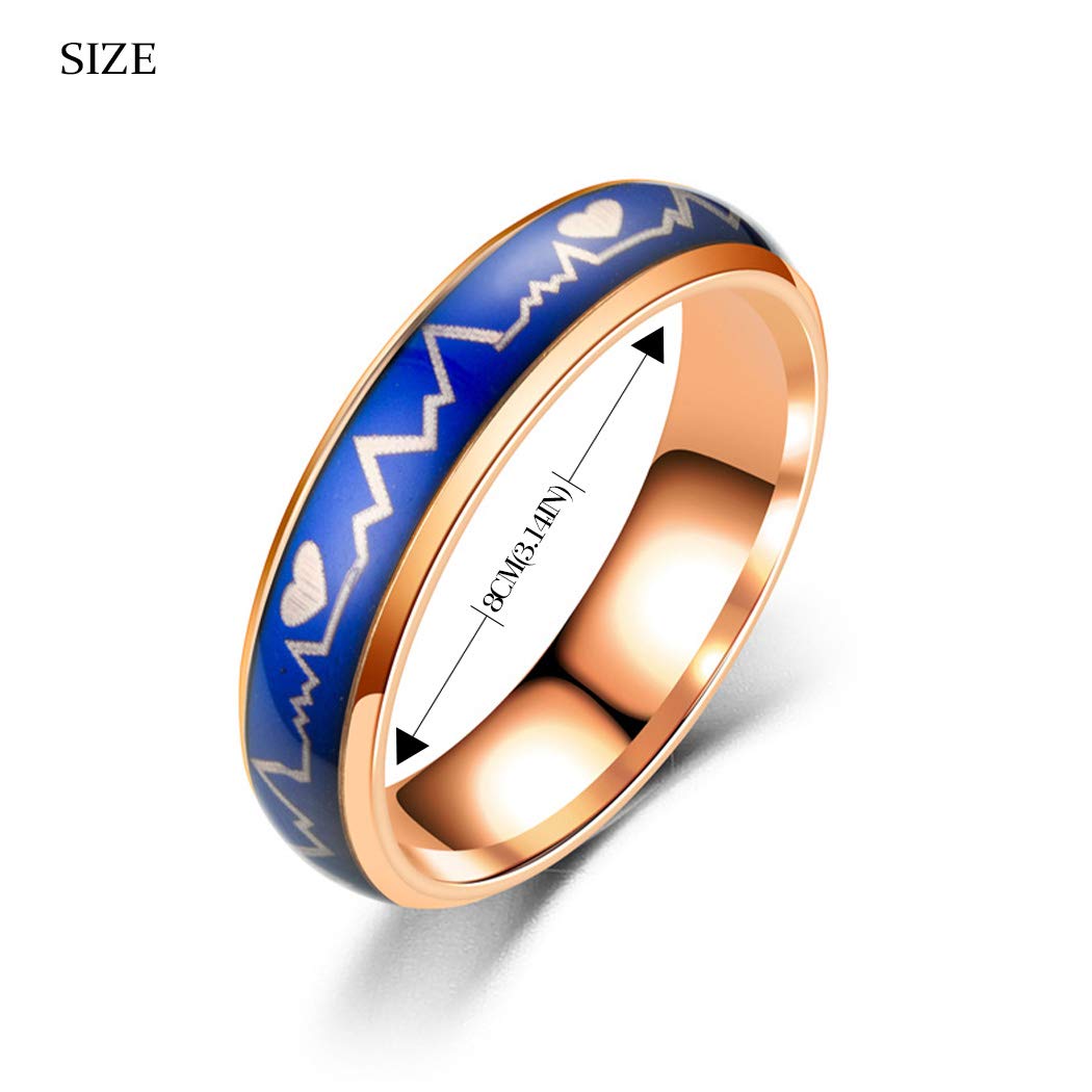 PROTUSTER Statement Rings for Lovers Emotional Change Color Temperature Mood Color Changing Stackable Gold Round Ring Feeling Heartbeat ECG Rings for Women and Men (Rose Gold&Gold, 7)