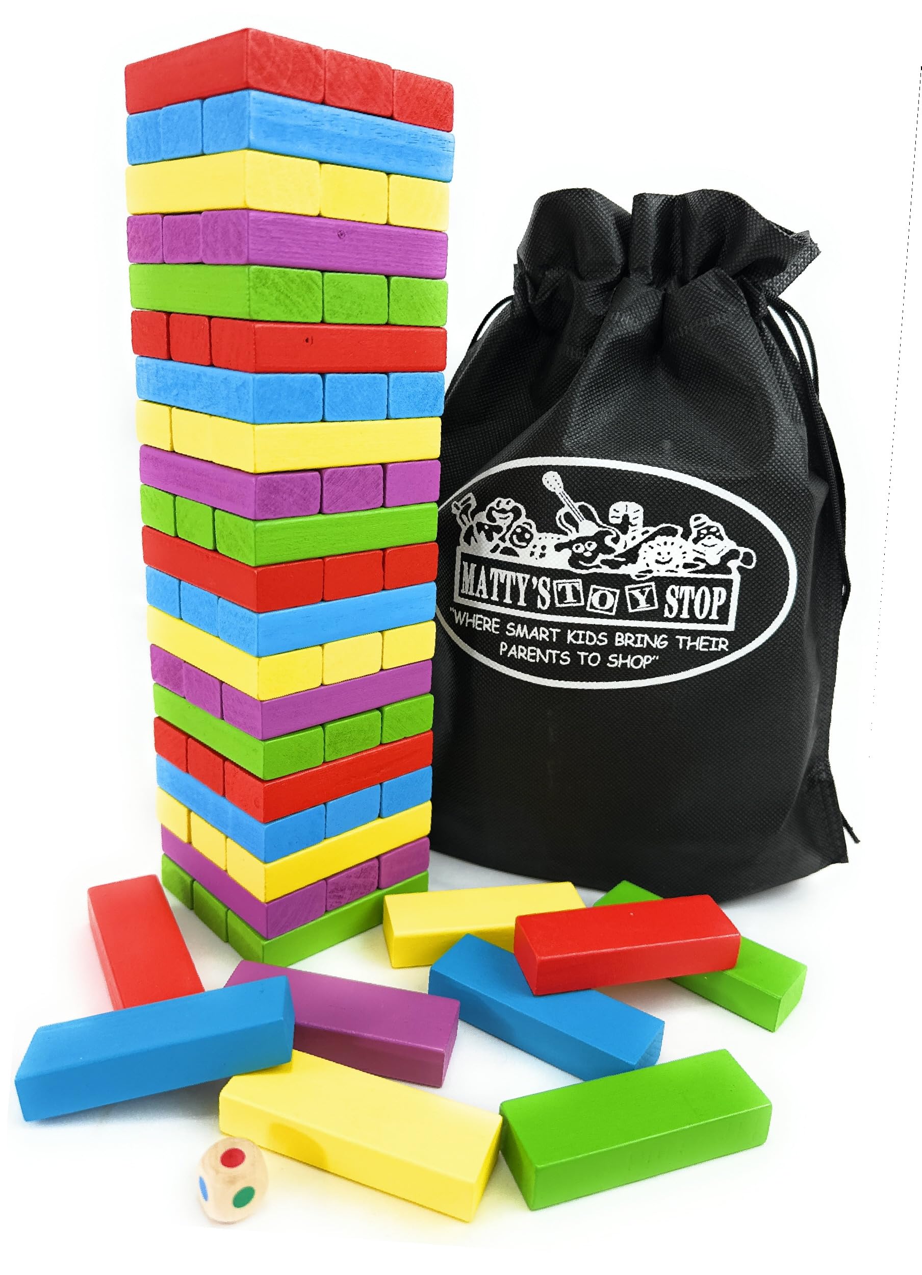 Matty's Mix-Up 60pc Large Colorful Wooden Tumble Tower Deluxe Stacking Game with Storage Bag