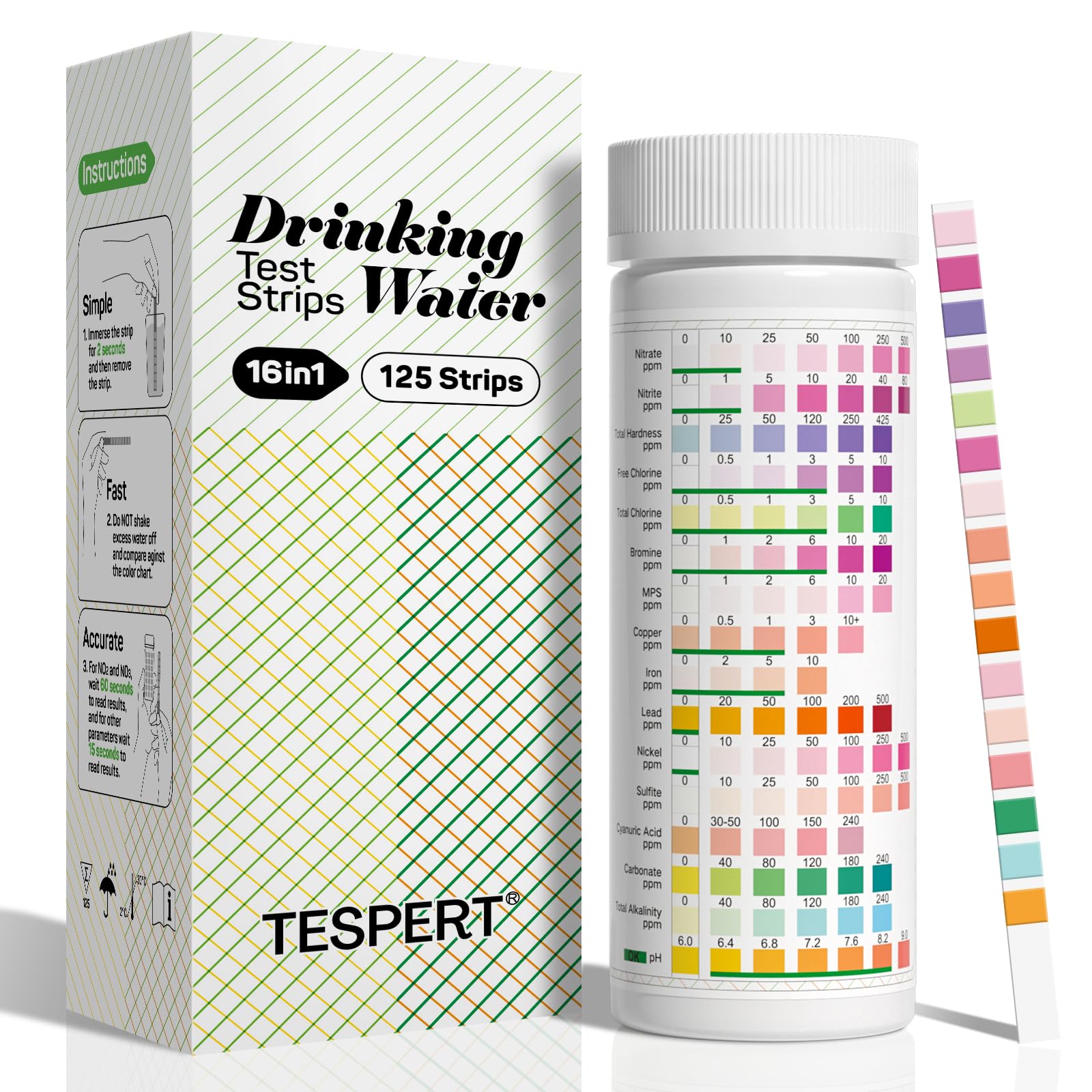Water Testing Kits for Drinking Water: 125 Strips 16 in 1 Well and Drinking Water Test Kit, TESPERT Water Test Strips with Hardness, pH, Lead, Iron, Copper, Chlorine, and More