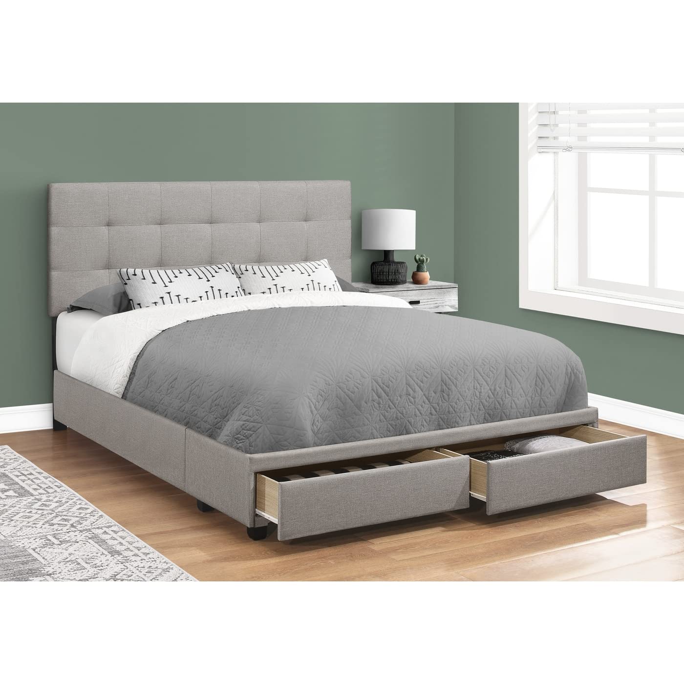 Monarch Specialties I 6021Q Bed, Queen Size, Platform, Bedroom, Frame, Upholstered, Linen Look, Wood Legs, Beige, Black, Transitional