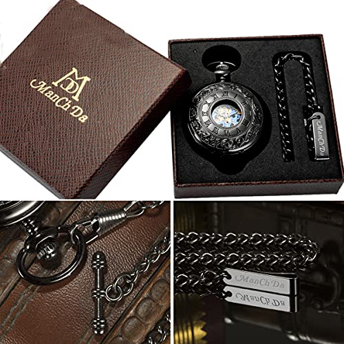 ManChDa Mechanical to My Son Double Cover Roman Numerals Dial Skeleton Personalized Engraved Pocket Watches