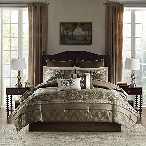 Madison Park - MPE10-796 Essentials Zara 16 Piece Jacquard Complete Bedding 2 Sheet Sets, King, Brown