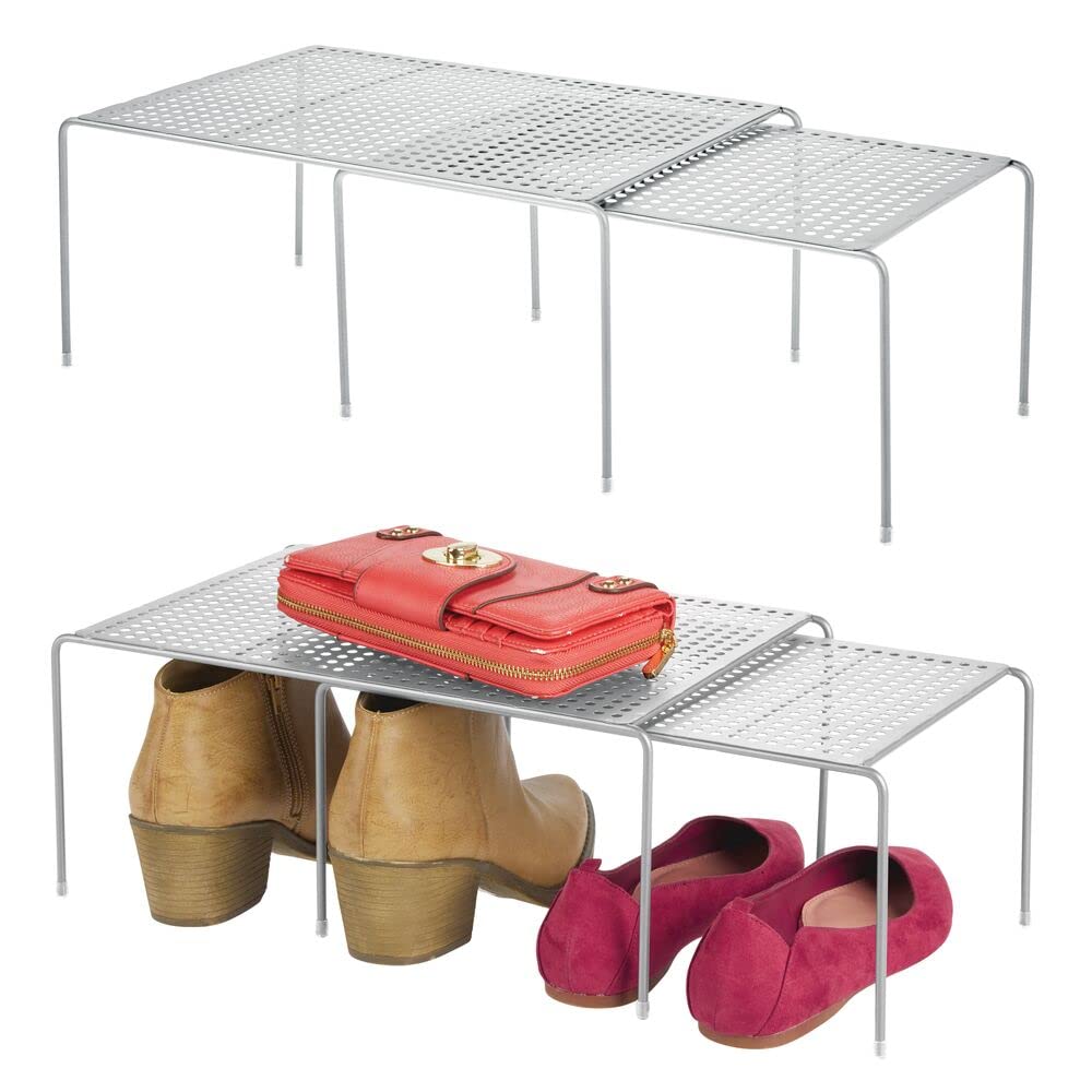 mDesign Adjustable Raised Metal 4-Piece Closet Stacking Organizer, Expanding Storage Shelf - Bedroom, Hall, Entryway Closets, Non-Skid Feet, Hold Hats, Shoes, Bags, Concerto Collection, 2 Pack, Silver