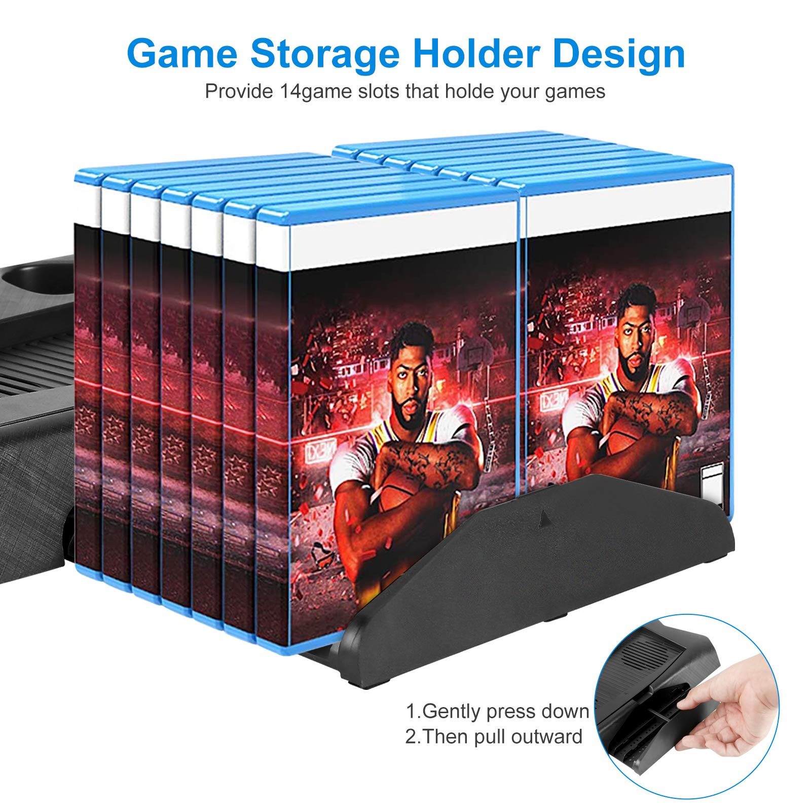 Vertical Stand for Playstation 5 with Cooling Fan Charing Station for PS5 Digital Edition/PS5 Ultra HD,Multi-Function Charger Station with 2 Controller Charging Docks