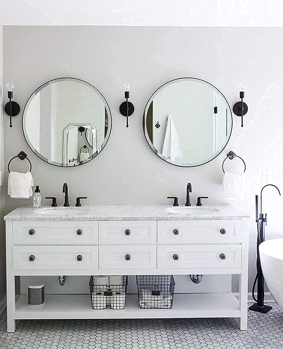 MOTINI 28.5'' Large Round Wall Mirror Black Modern & Contemporary Beveled Circle Mirror PU Frame Wall Mounted Decorative Mirror for Bathroom Bedroom Living Room Entryway