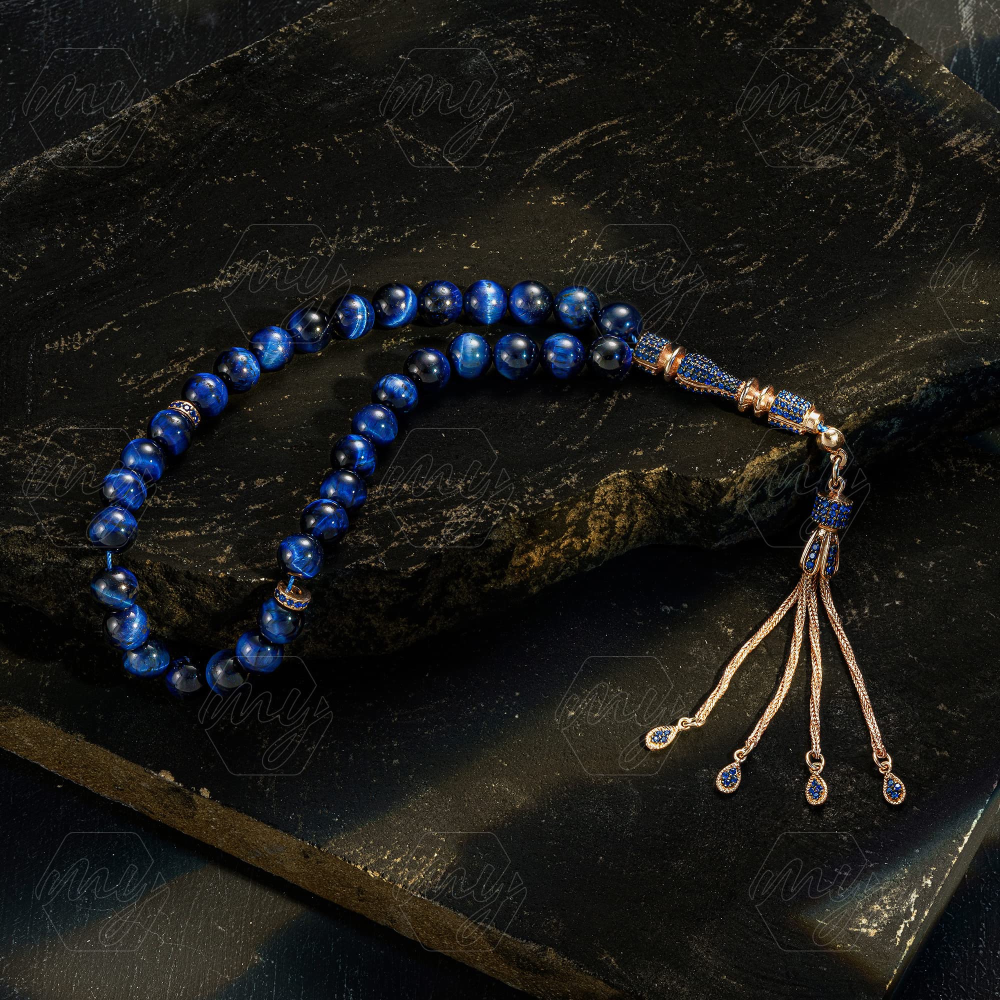 Solid 925 Sterling Silver Tassel Blue Tiger's Eye Stones Islamic 33 Prayer Beads Tasbeeh Misbaha