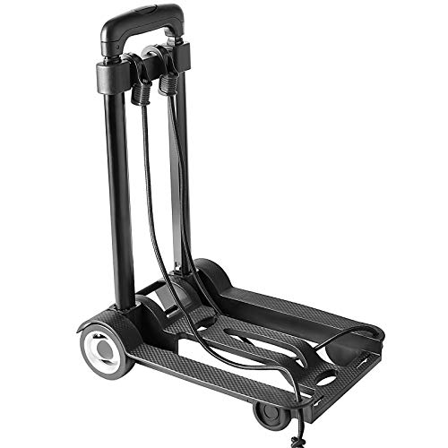 ZOENHOU 25KG 55Lbs Black Folding Hand Truck, Solid Construction Utility Cart, 2 Wheels Luggage Cart with 1 Roll Bungee Cord and 1 Pack Storage Pouch Compact, for Backpack, Travel, Office