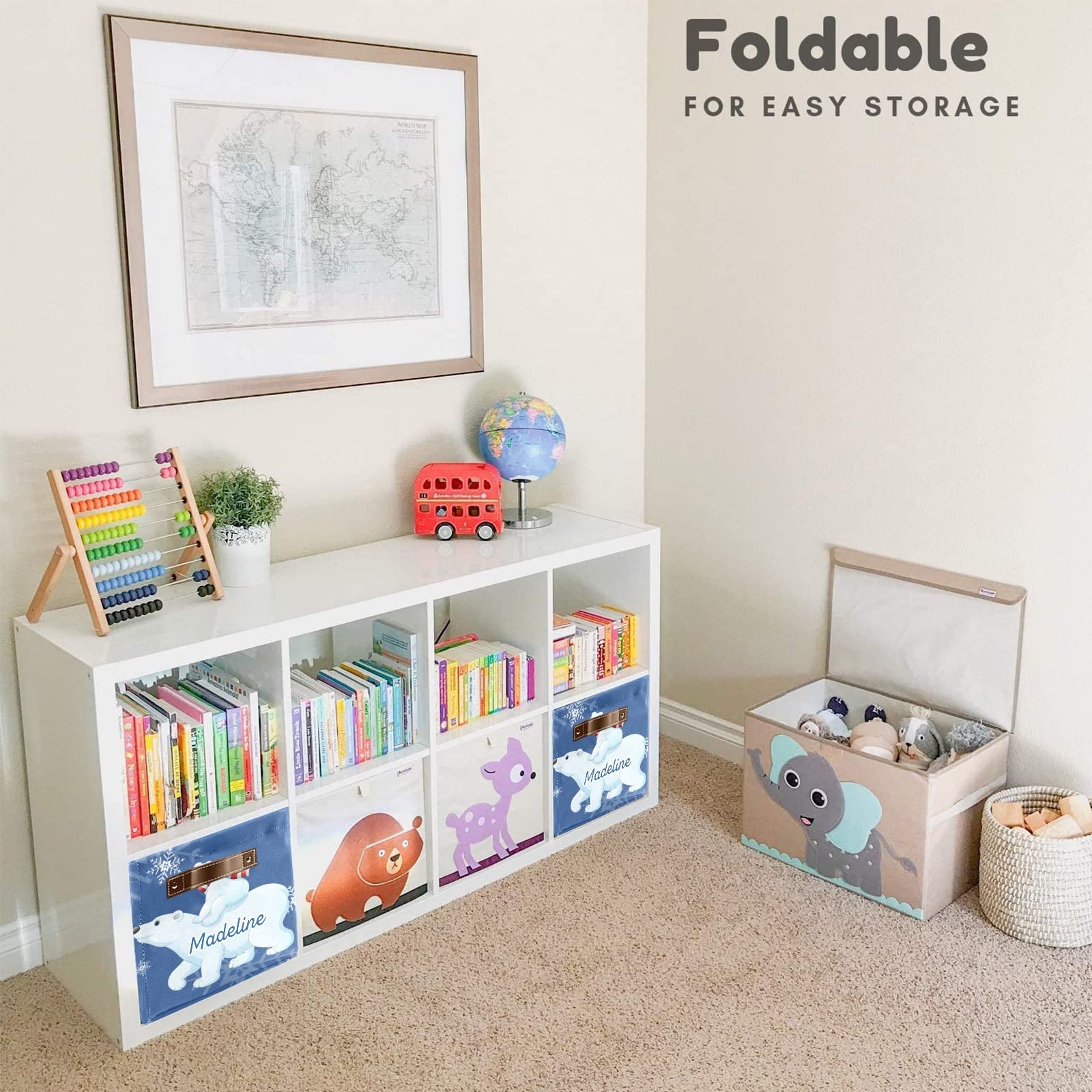 Winter Polar Bear Personalized Storage Basket,Custom Storage Bins Cubes Organizer with Handle for Bedroom Wardrobe,Nursery,Basket 1 Pack