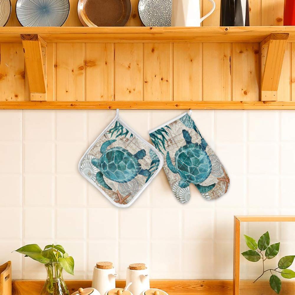 Set of Oven Mitt and Pot Holder,Sea Turtle Kitchen Mittens Heat Resistance Non-Slip Surface for Kitchen BBQ Cooking Baking Grilling,Sea Life Nautical Blue