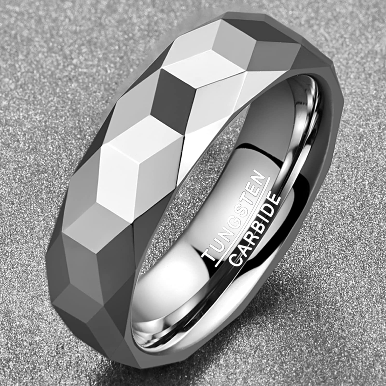 Phyonio Silver Multi-Faceted Engagement Ring for Men Women with Faceted Highly Polished Tungsten Wedding Band 6mm Comfort Fit Size 11