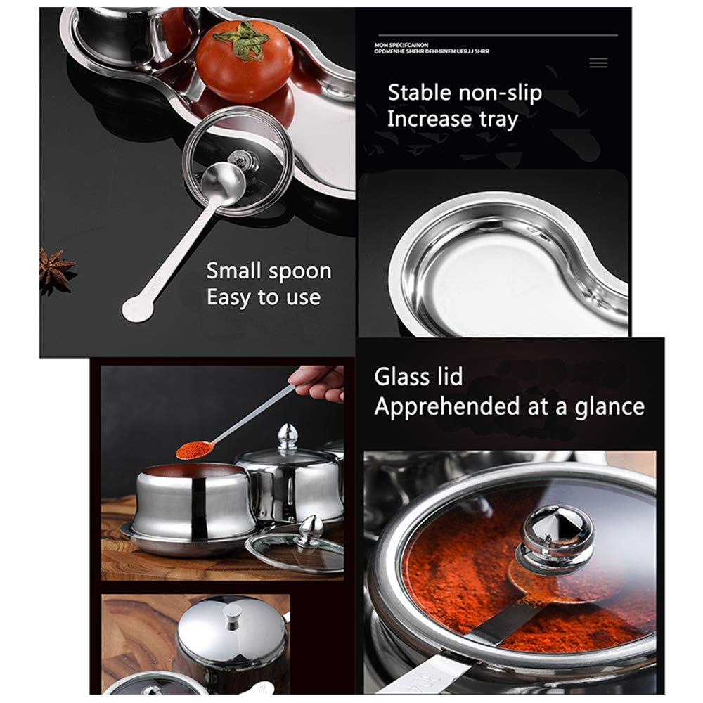 TENTA TENTA KITCHEN Gourmet Seasoning Box with Serving Spoons, Spice Jar Set Condiment Cruet Bottle, Kitchen Supplies,Nice Design for Kitchen (Stainless Steel With Glass Lids)