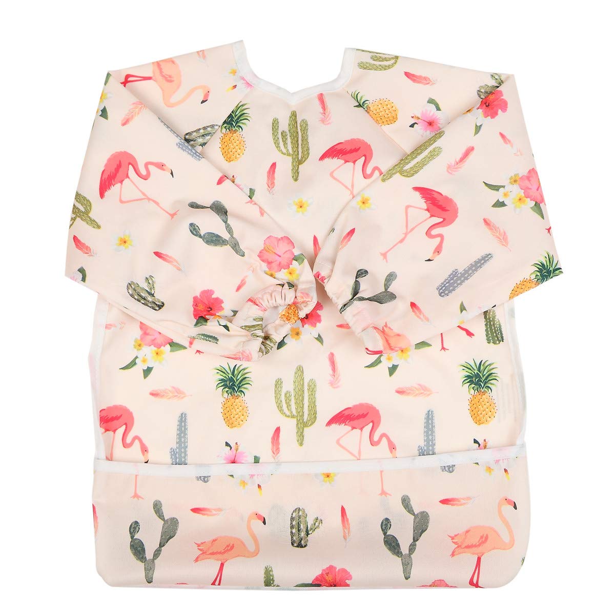 Sigzagor Baby Bib Sleeved Shirt with Pocket 1-3 Years Old Toddler Painting for Girls (Flamingo Cactus)