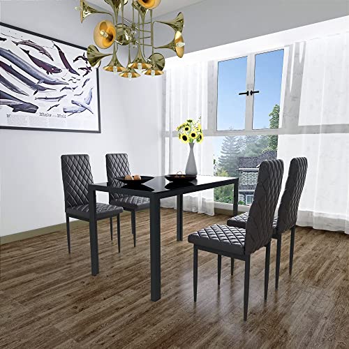 Lepfun 5 Pieces Set for 4, Kitchen Room Tempered Glass Dining Table, 4 Faux Leather Chairs, Black