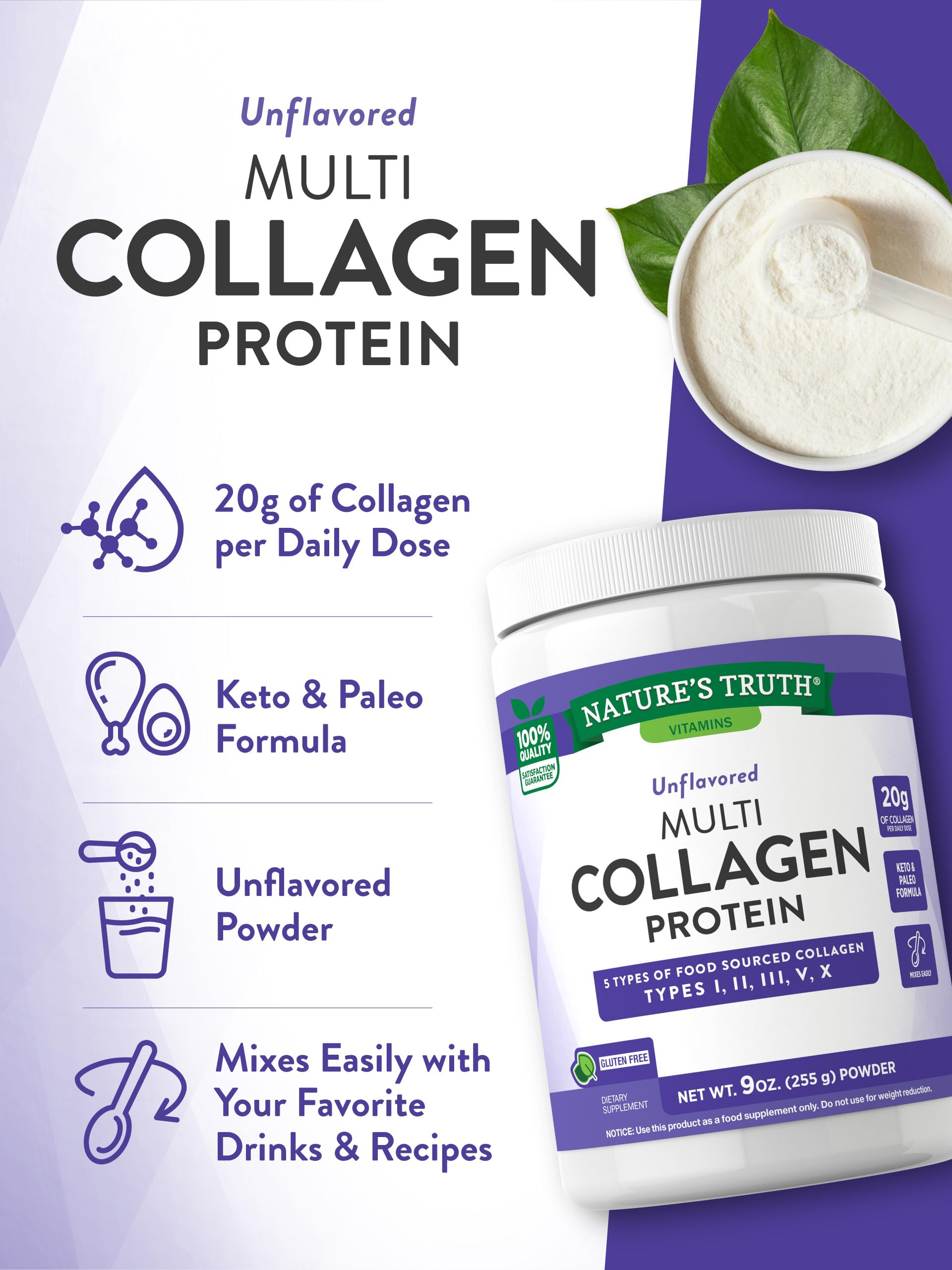 Nature's Truth Multi Collagen Powder | 9 oz | Type I, II, III, V, X | Hydrolyzed Collagen Peptide Protein Powder | Keto and Paleo Friendly | Unflavored | Gluten Free