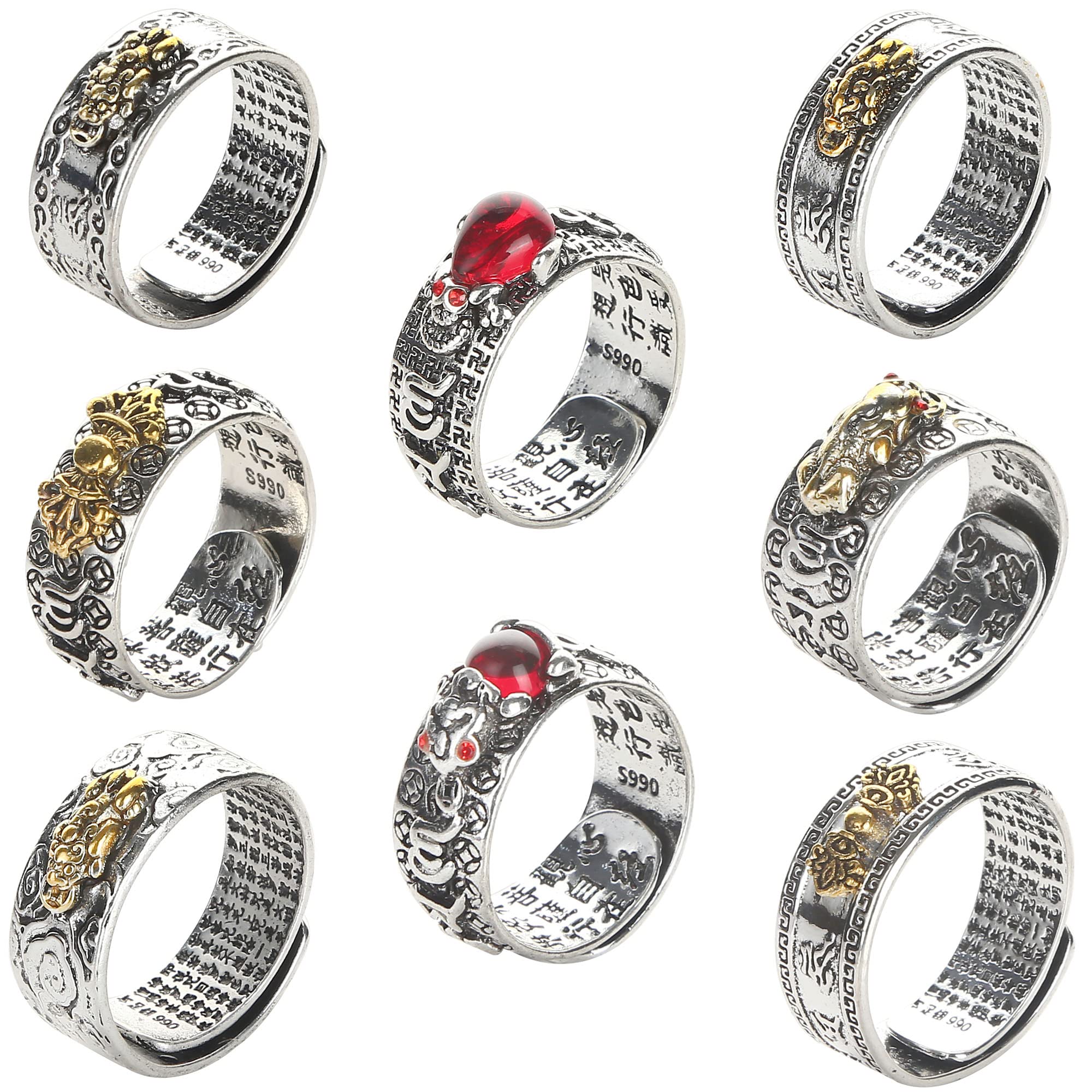 SONNYX 8 Pieces Feng Shui Pixiu Ring Buddhist Lucky Amulet Mantra Double Protection Wealth Ring For Men Women Adjustable Garnet Ring Gift Jewelry