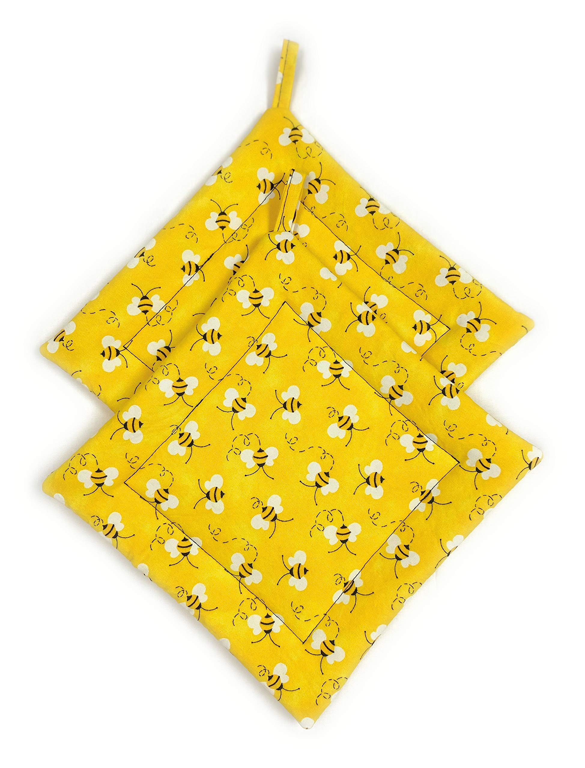 Set of Two Honey Bumble Bees on Yellow Square Pot Holders Hot Pads Trivets Hot Pan Plate Holders