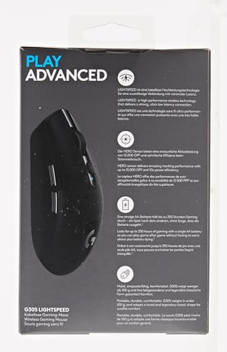 Logitech G305 Lightspeed Wireless Gaming Mouse, Hero Sensor, 12,000 DPI, Lightweight, 6 Programmable Buttons, 250h Battery Life, On-Board Memory, PC/Mac - Black (German Packaging)