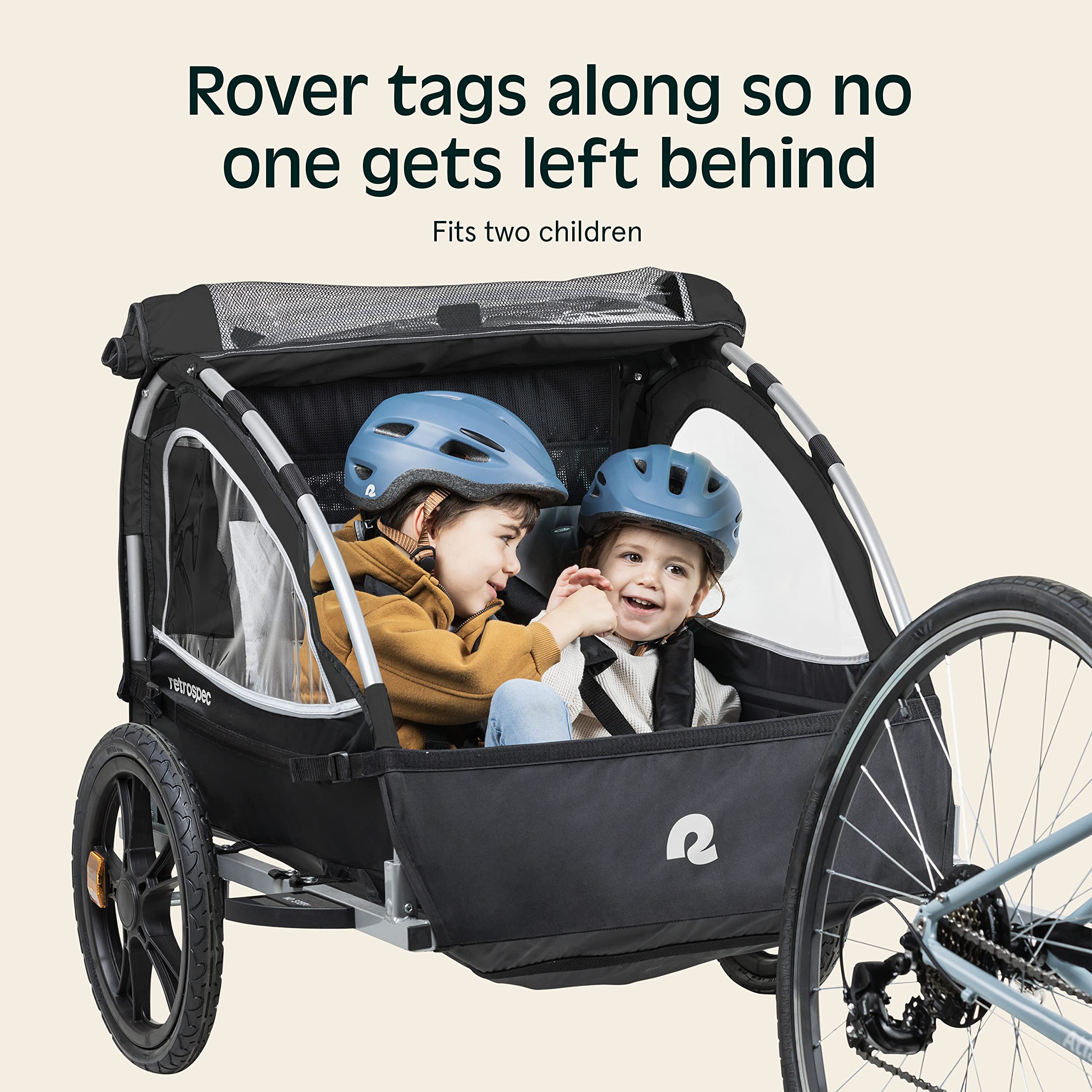 Retrospec Rover Kids Bicycle Trailer - Single & Double Passenger Childrenās Foldable/Collapsible Tow Behind Bike Trailer with 16" Wheels, Safety Reflectors & Rear Storage Compartment - Black