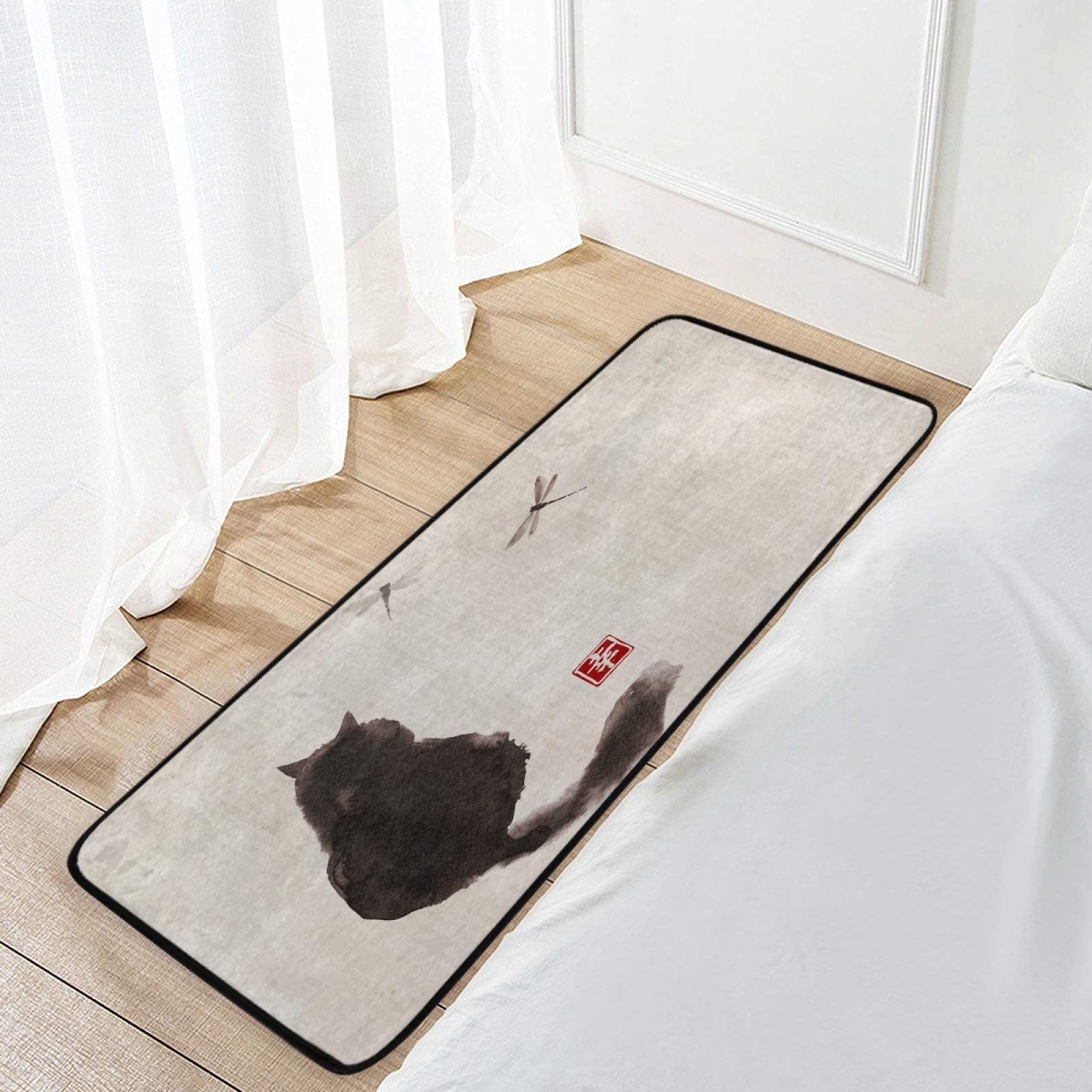 Retro Black Fluffy Cat Dragonfly Kitchen Floor Mat Bath Runner Rug Non Slip Area Mat Rug Absorbent Comfort Standing Mat Carpet for Indoor Outdoor Doormat 39 x 20 Inch