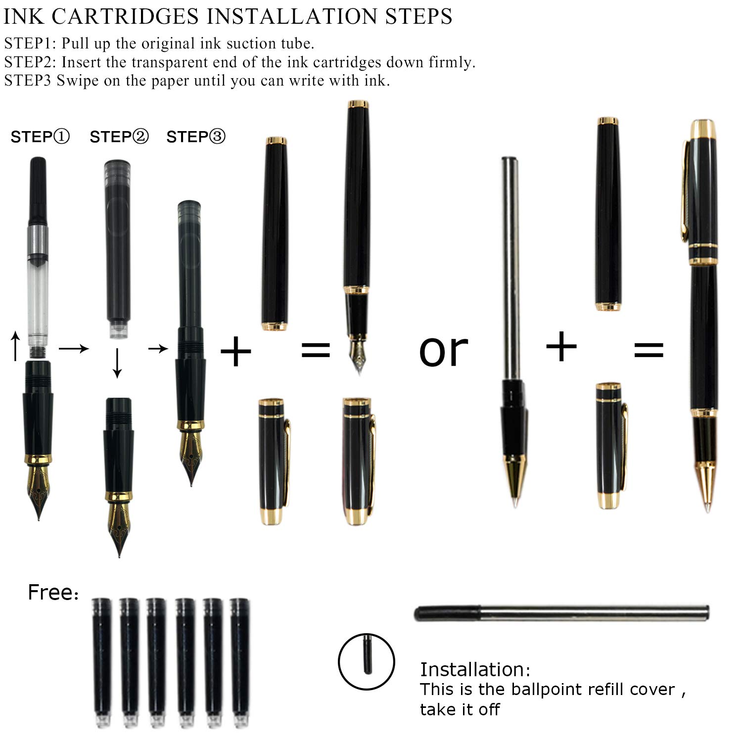 MiSiBao Luxury Fountain Pen Set with 6 Black Ink Cartridges and 1 Ballpoint Pen Refills - Smooth & Elegant Includes Gift Box (Black)