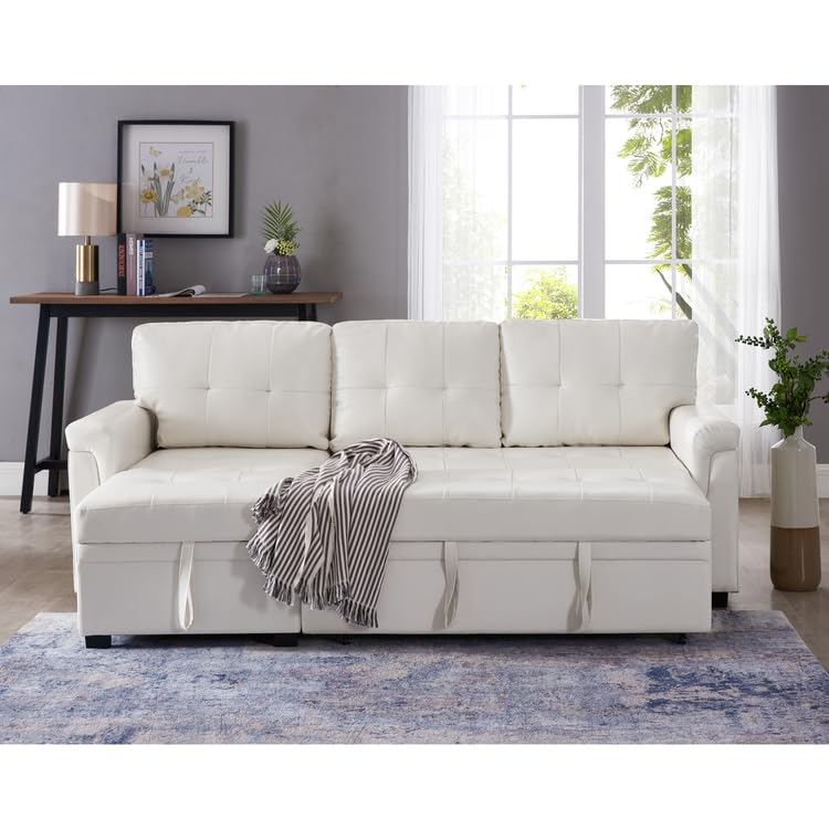 Naomi Home Diora Sectional Sleeper Sofa - Elegant L-Shaped Couch Convertible Pull-Out Bed, Ample Storage, Timeless Design, Sturdy Construction, Long-Lasting for Modern Living, Air Leather, White