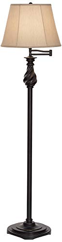 Regency Hill Traditional Adjustable Swing Arm Floor Lamp 58" Tall Painted Restoration Black Bronze Swirl Font Faux Silk Beige Drum Shade for Living Room Reading House Bedroom Family Home