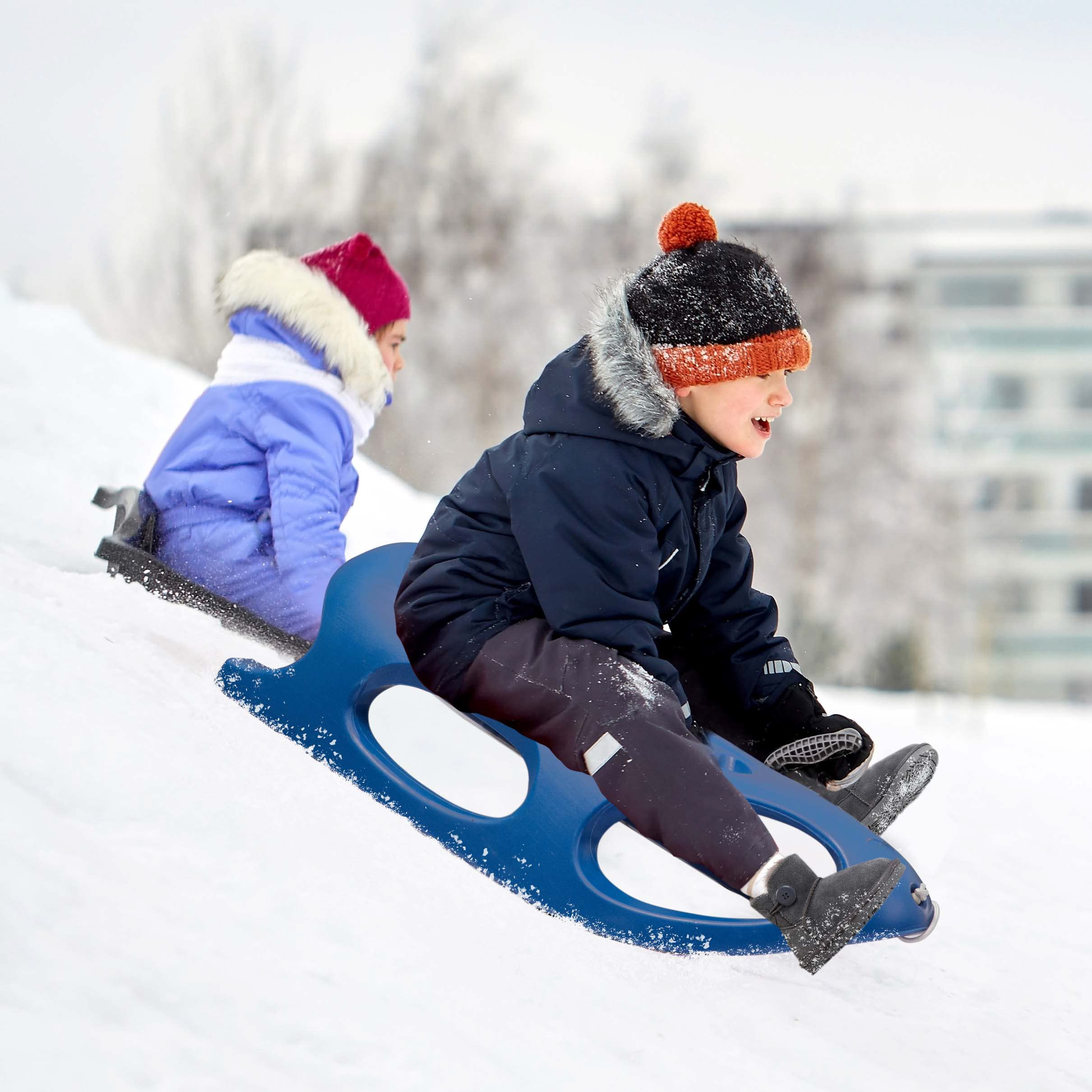 Outdoor Snow Sleigh Ice Sled Toy, Two Rider, Solid Hard Plastic with Pull Rope for Kids Over 5 Years, Blue