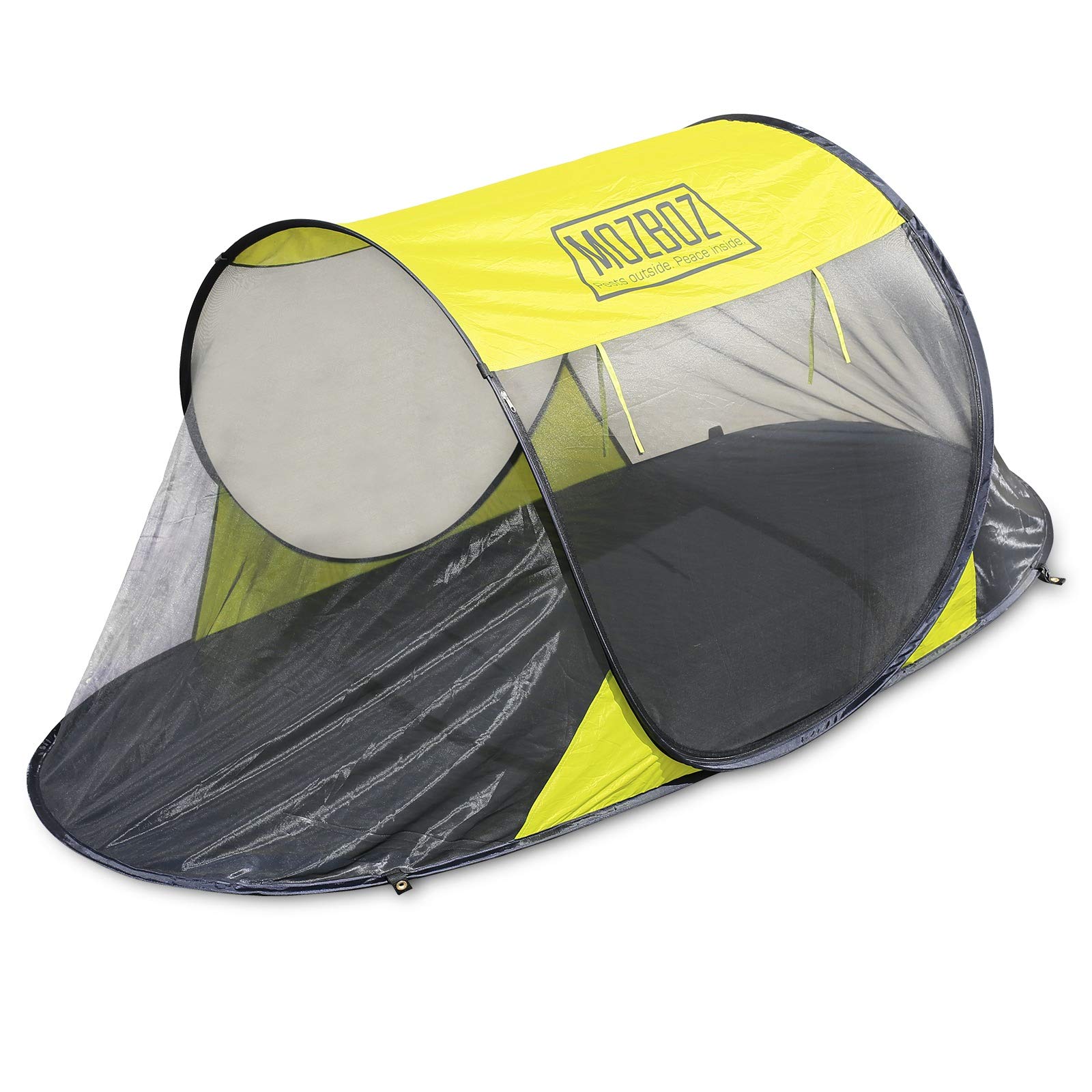MozBoz One Person Pop Up Mosquito Tent - Free-Standing Bug, Insect Net for Camping, Beach, Hiking - Foldable, Breathable, Compact Mesh Pod - Heavy-Duty Tarp Floor; Storage Bag