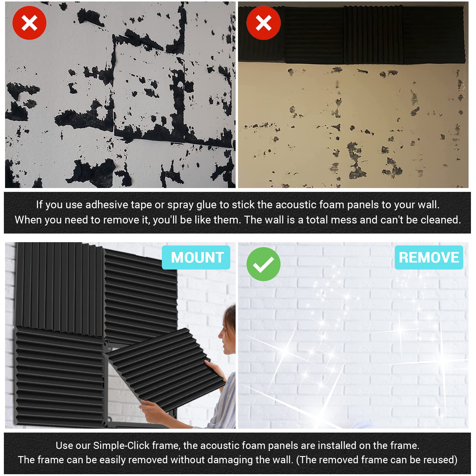 Soundproof Foam Frame 12 Pack, Quick Installation and Removal of Acoustic Panels, Proprietary Frame, Modular Design, 12 * 12 Inch Acoustic Foam Panel Installation Solution