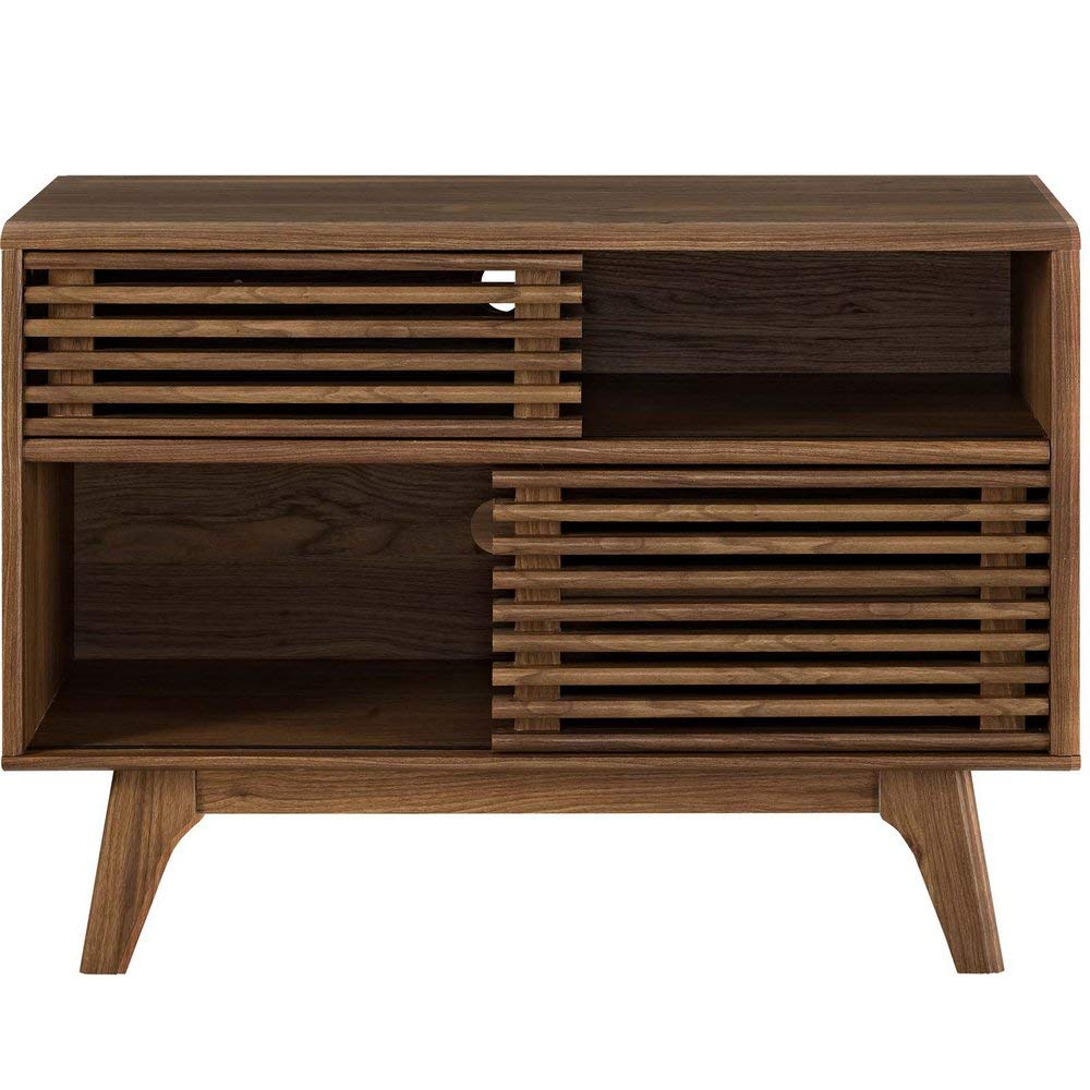 Modway Transmit Mid-Century Offset Cube Wood Bookcase in Walnut & Render Mid-Century Modern Two-Tier Display Stand in Walnut