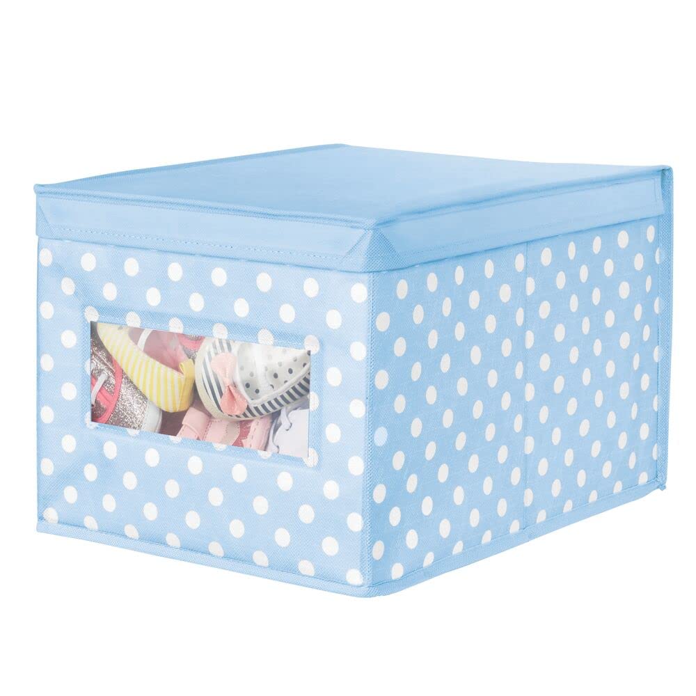 mDesign Large Soft Stackable Fabric Baby Nursery Storage Organizer Holder Bin Box with Front Window/Lid for Child/Kids Bedroom, Playroom, Classroom, Lido Collection, Light Blue/White Polka Dot