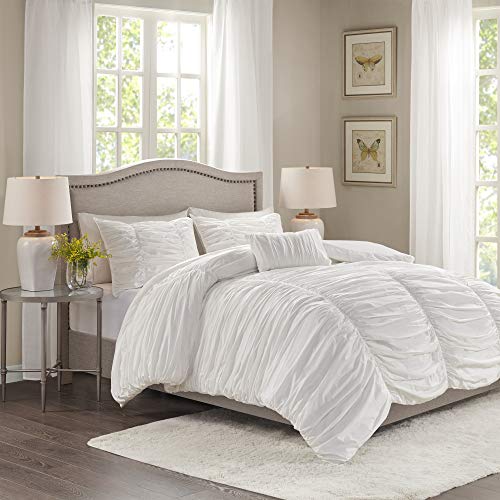 Madison Park Comforter Set-Textured Luxury Design All Season Down Alternative Bedding, Matching Sham, Decorative Pillows, King (104 in x 92 in), Delancey, Cotton Ruched White, 4 Piece