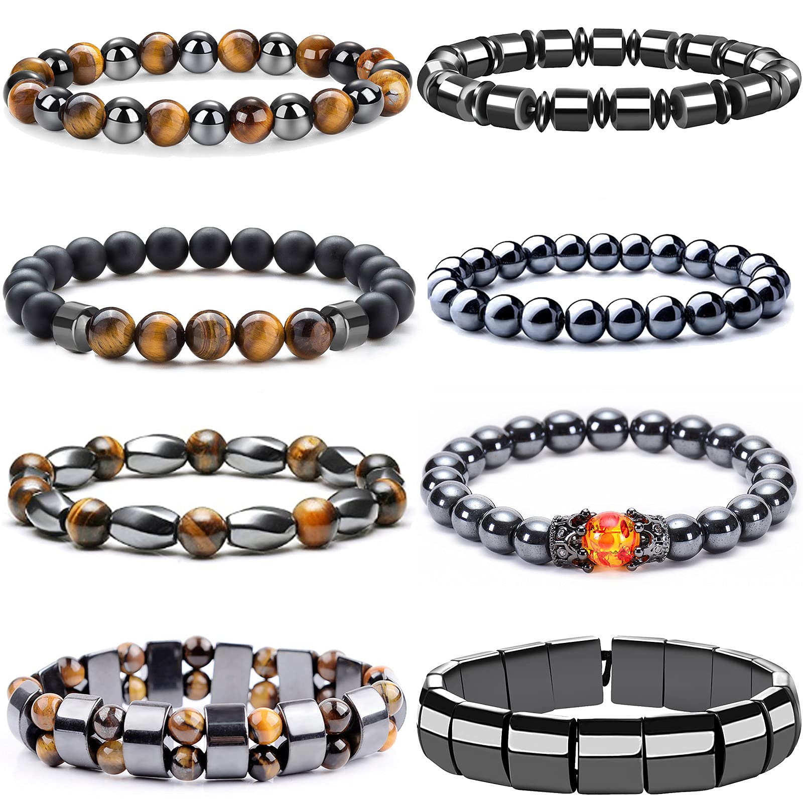 SAMOCO 8 Pcs Hematite Bead Bracelet for Men Women 8mm Tiger Eye Stone Beads Bracelet Elastic Natural Stone Bracelet Bangle