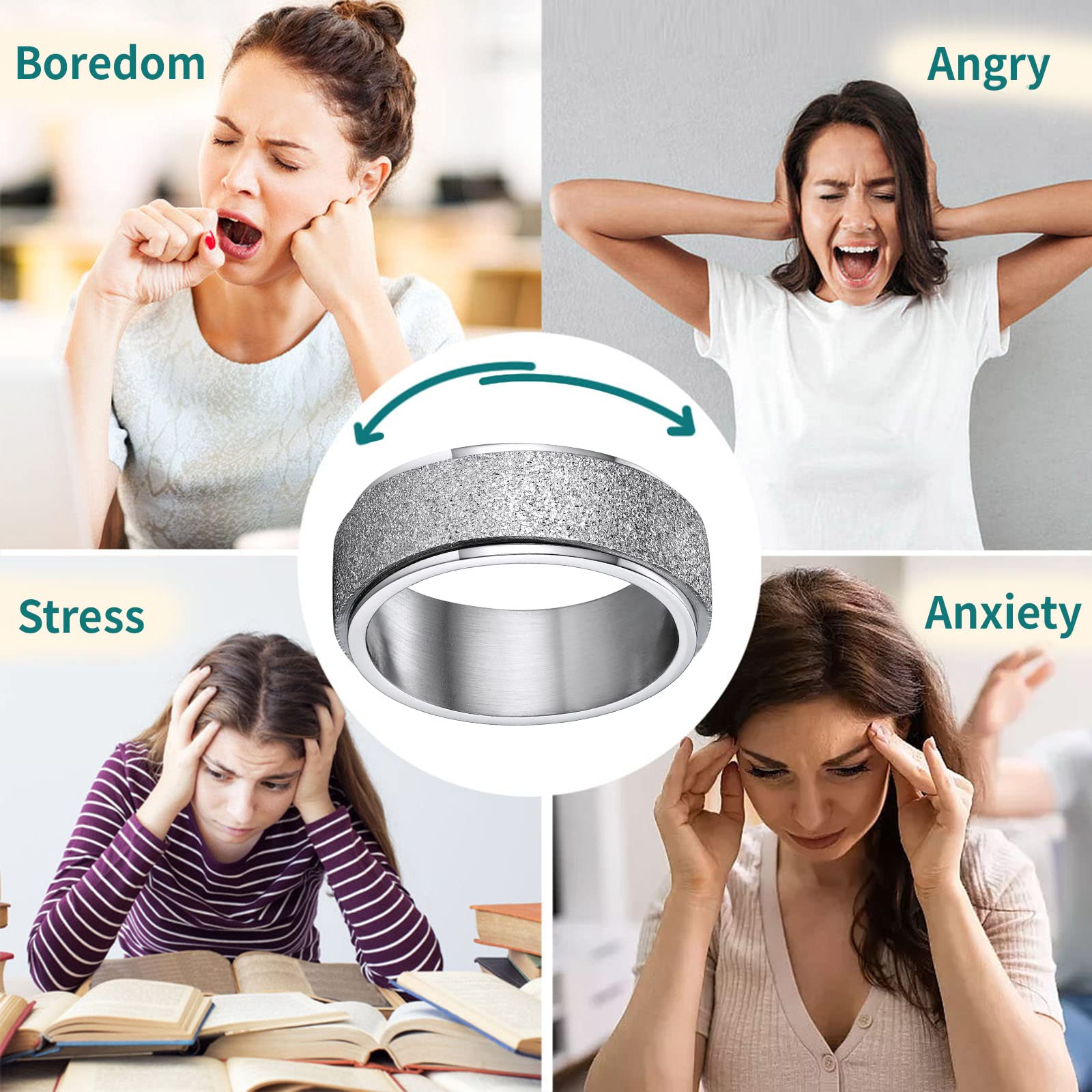 Supcare Anxiety Ring for Women Sand Blasted Finished Thumb Ring Rotatable Wedding Band Ring Silver Stainless Steel Worry Ring