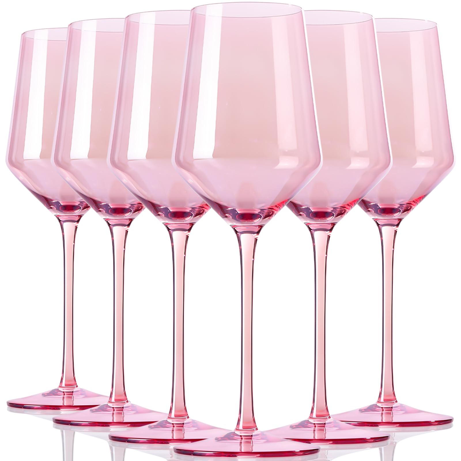 Pink Crystal Wine Glass Set of 6 - Hand-Blown Long Stem Wine Glasses, Unique Wine Glasses Gift For Wine Lovers, Dinner, Party, Wedding