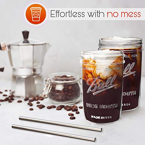 Reusable Boba Bubble Tea & Smoothie Cups - 2 Glass Wide Mouth 16oz Mason Jars with Bamboo Lids - 2 Reusable Silver Stainless Steel Boba Straws
