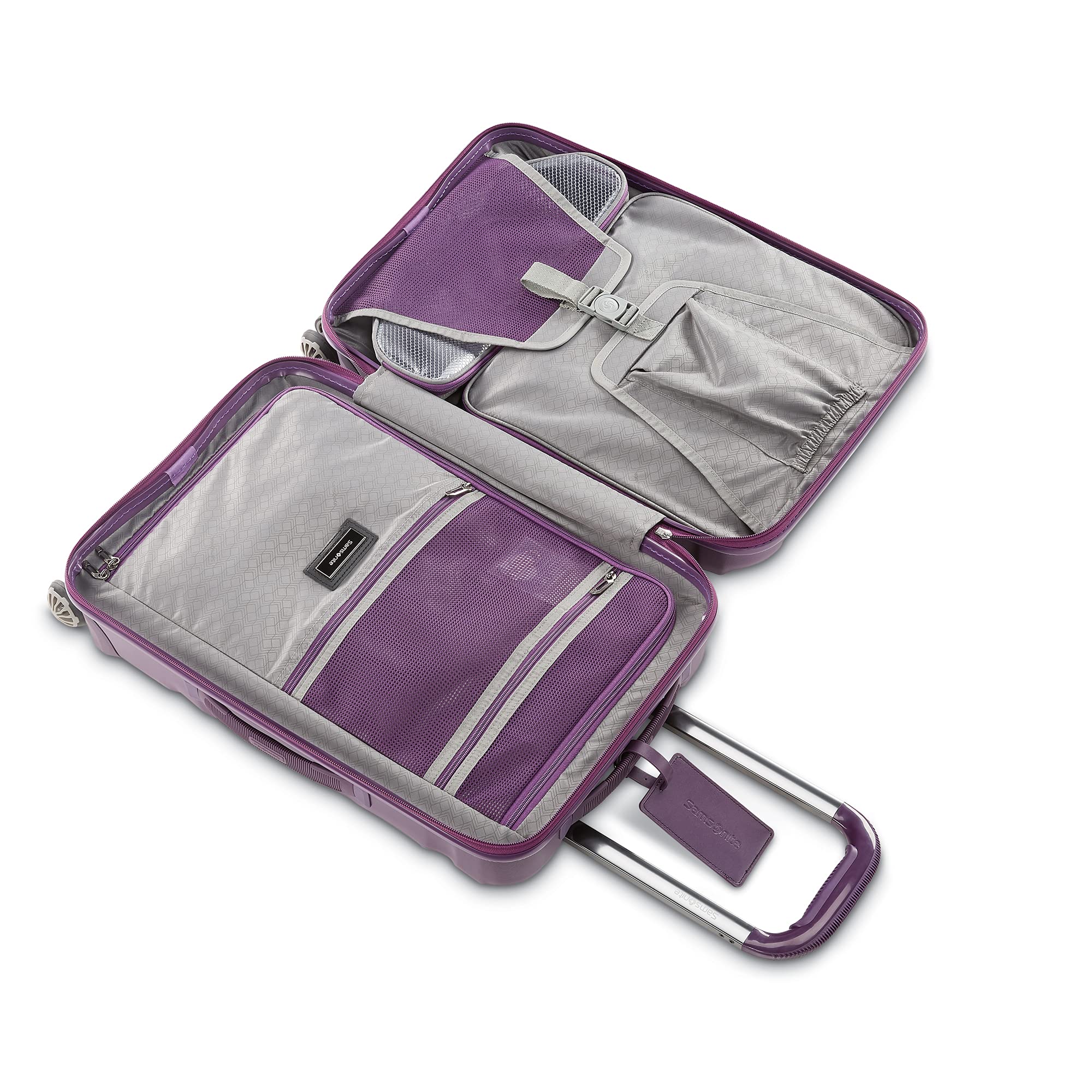 Samsonite Xcalibur XBT Spinner Hard Side Wheeled Carry On Travel Suitcase with USB Charging Port, Packing Cubes, and Adjustable Handle, Purple