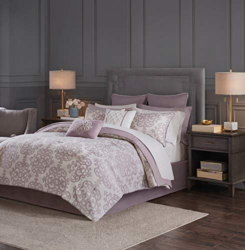 Madison Park Essential Madeline Cozy Bed in A Bag Comforter with Bonus 2 Complete Sheet Set, Jacquard Medallion Damask Design, All Season Cover, Decorative Pillow, Queen(90"x90"), Purple
