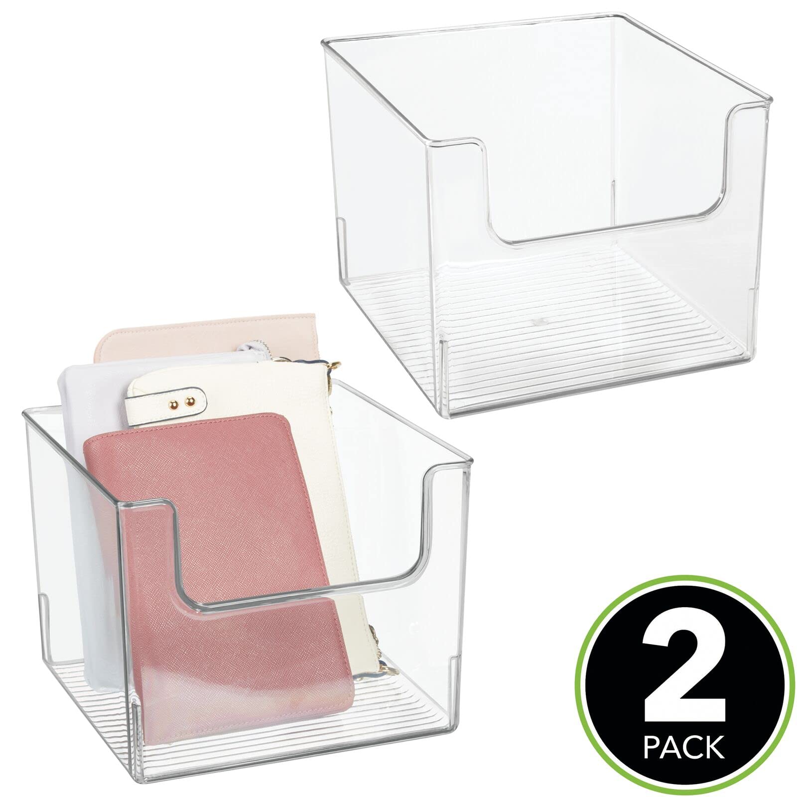 mDesign Modern Plastic Open Front Dip Storage Organizer Bin Basket for Closet Organization - Shelf, Cubby, Cabinet, and Cupboard Organizing Decor - Ligne Collection - 2 Pack - Clear