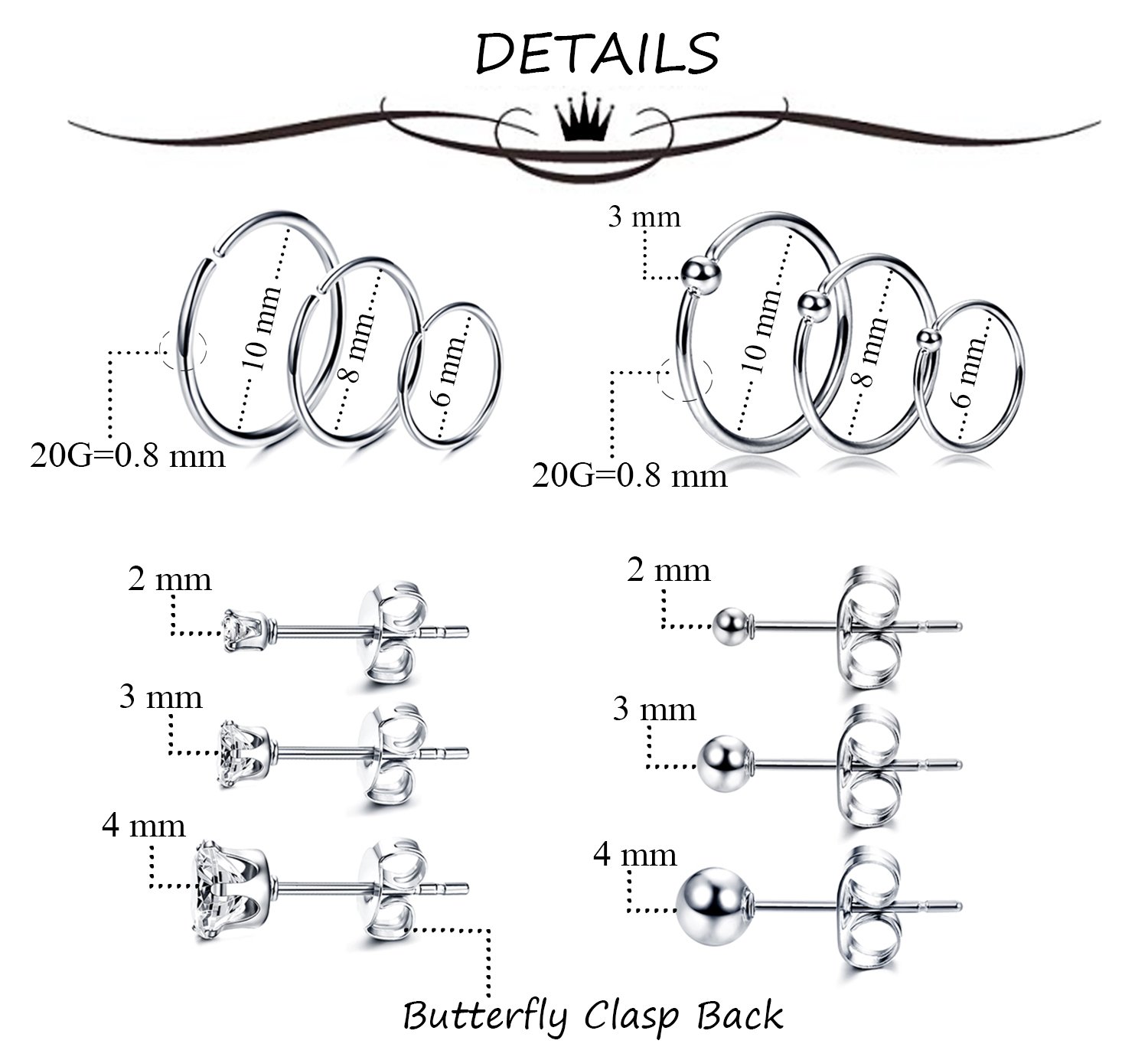 MILACOLATO 18 Pairs Small Tiny Stud Hoop Earrings for Women 14K White Good Plated Stainless Steel Earrings Set for Multiple Piercing Hypoallergenic CZ Ball Studs Endless Cartilage Hoops Earrings