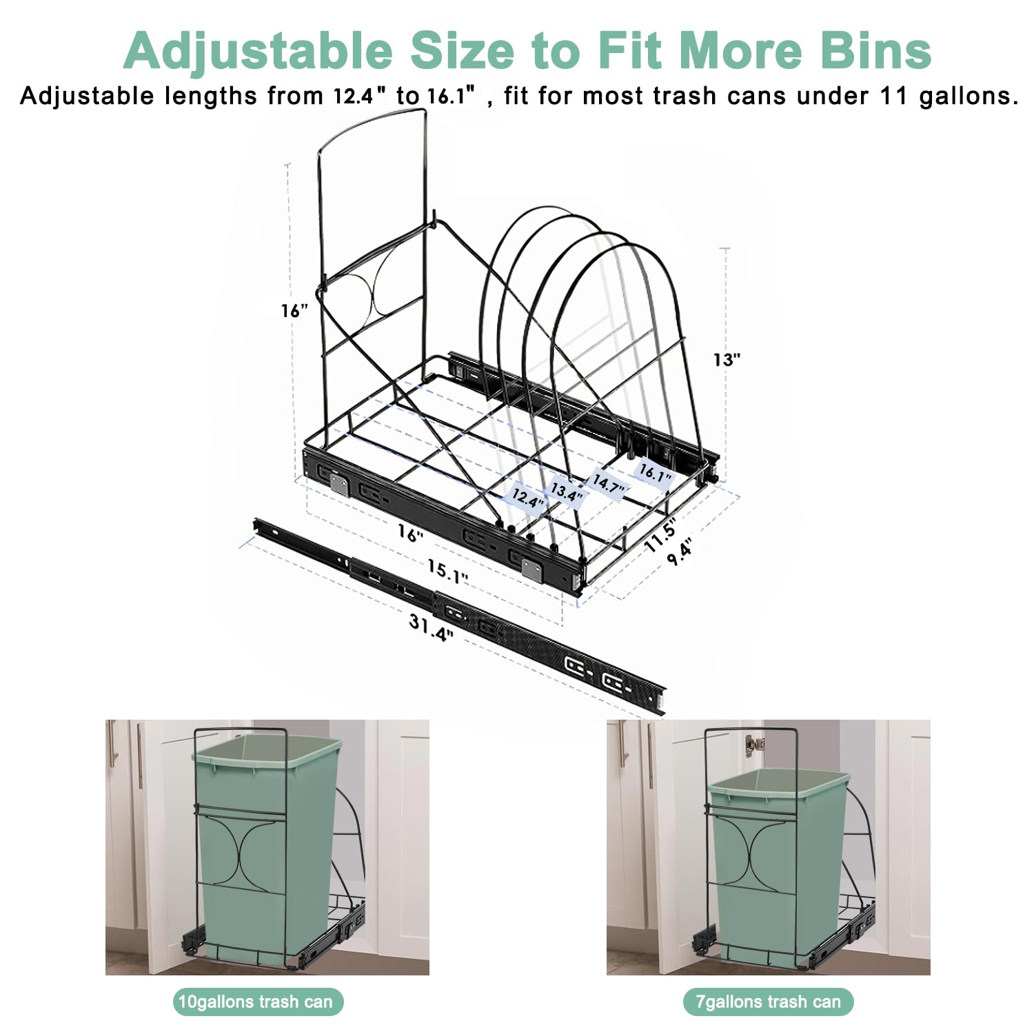 oxinyra Pull Out Trash Can Under Cabinet, 35Qts Under Sink Trash Can Shelf for Kitchen Cabinets, Adjustable Slide Out Garbage Can Kit Black, Trash Can Not Included