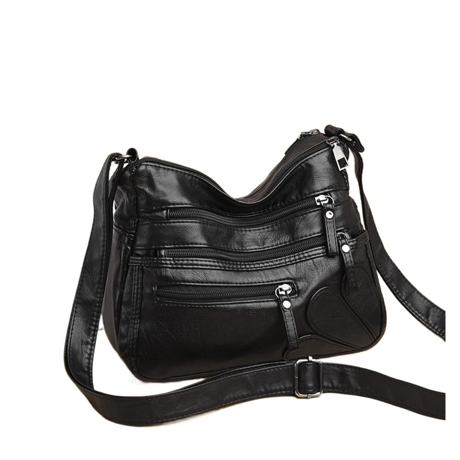 Tuoig Women Shoulder Bag PU Leather Crossbody Bag Multi-Pockets Messenger Bag Flower Patchwork Leather Purse Soft Handbag (Color : Black)