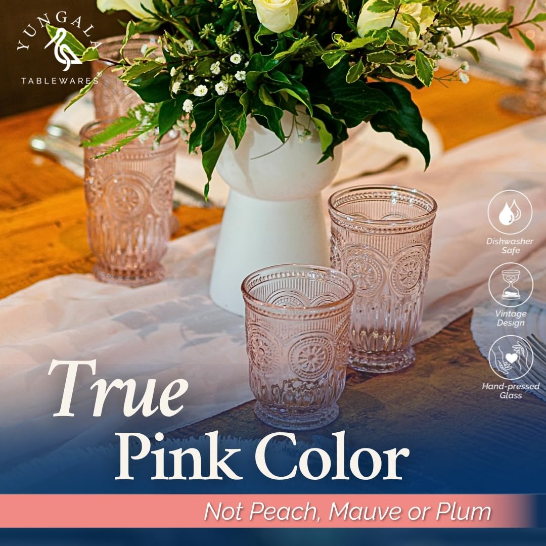 Pink Glassware Bundle - Vintage Glassware Collection for Party - Wine Glasses Set of Pink Goblets and 6 Pink Tall Tumblers - Matching Pink Drinking Glasses with Sunflower Emboss Design